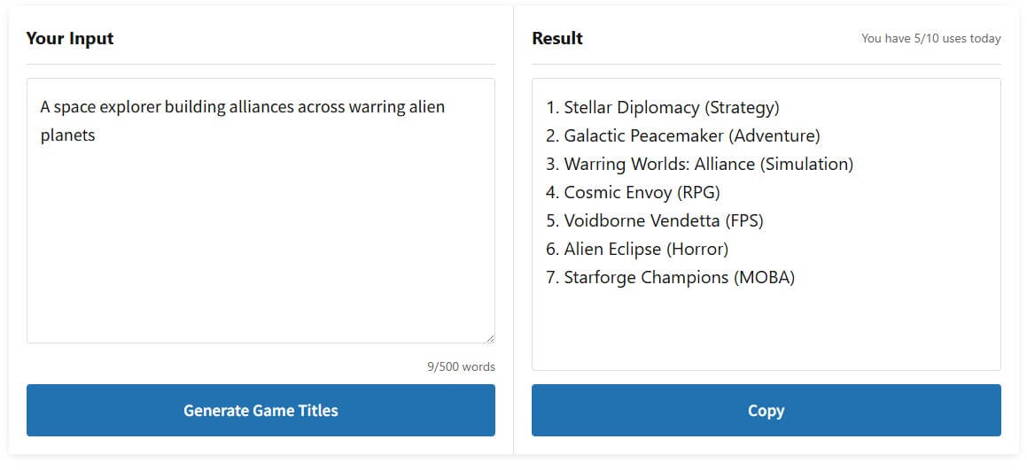 Game Title Generator AI (FREE) - AI Tools Open
