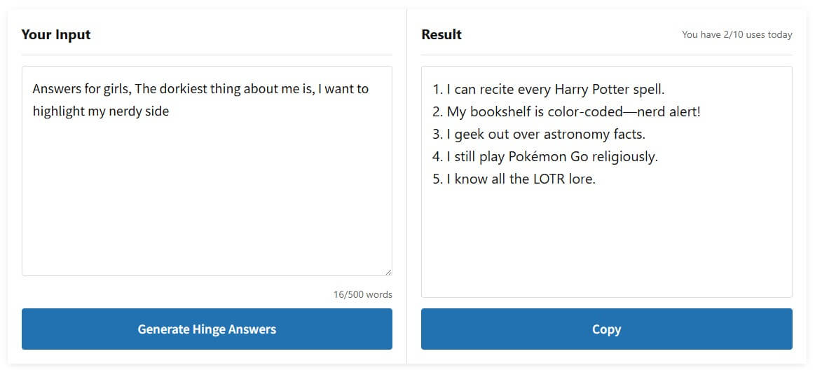 Hinge Prompt Answer Generator (FREE) - AI Tools Open
